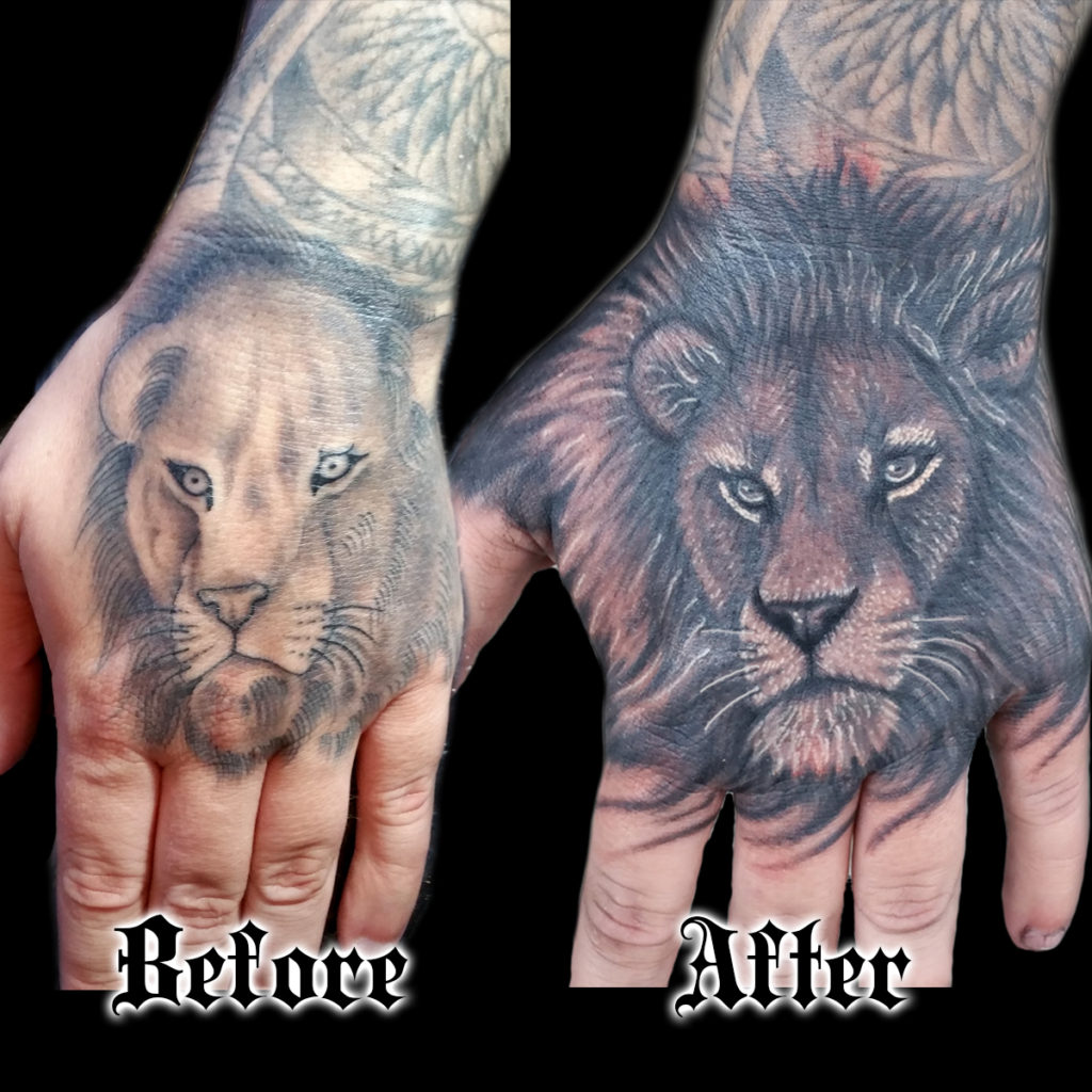 realistic lion tattoo done at Masterpiece tattoo by Brian Martinez