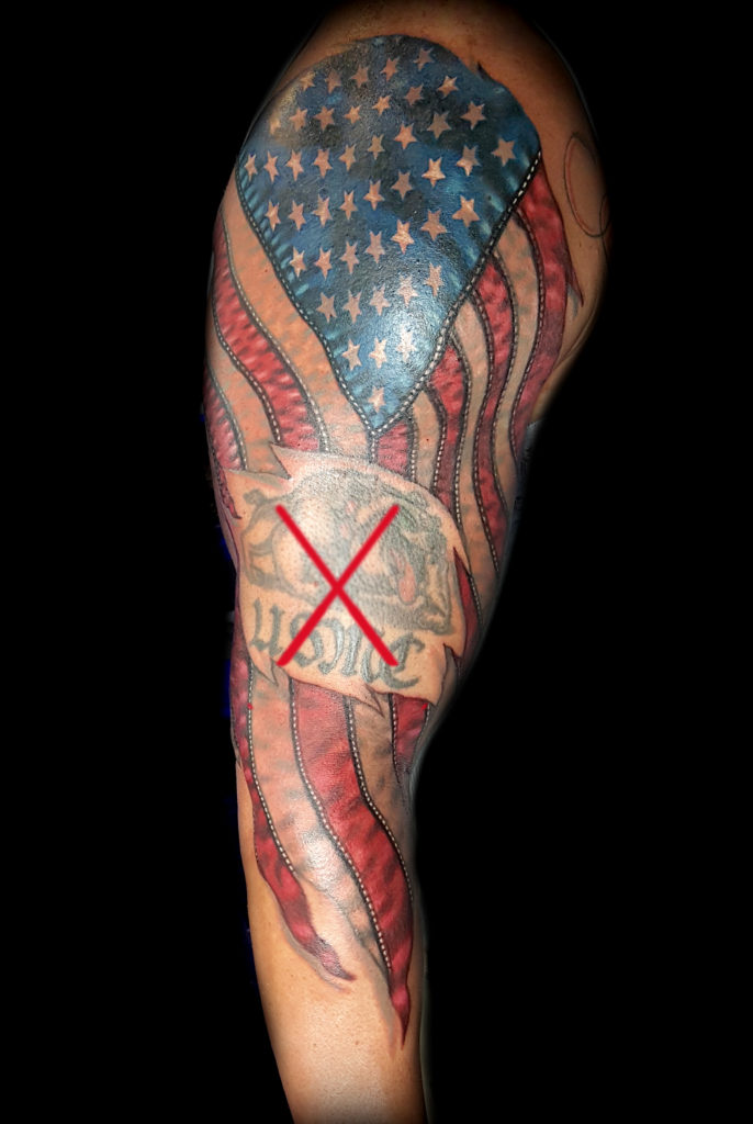 realistic flag tattoo done at Masterpiece Tattoo in San Francisco